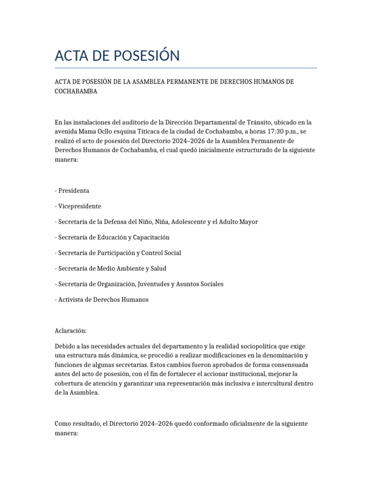 Acta Posesion APDH Cochabamba | PDF | Gobierno