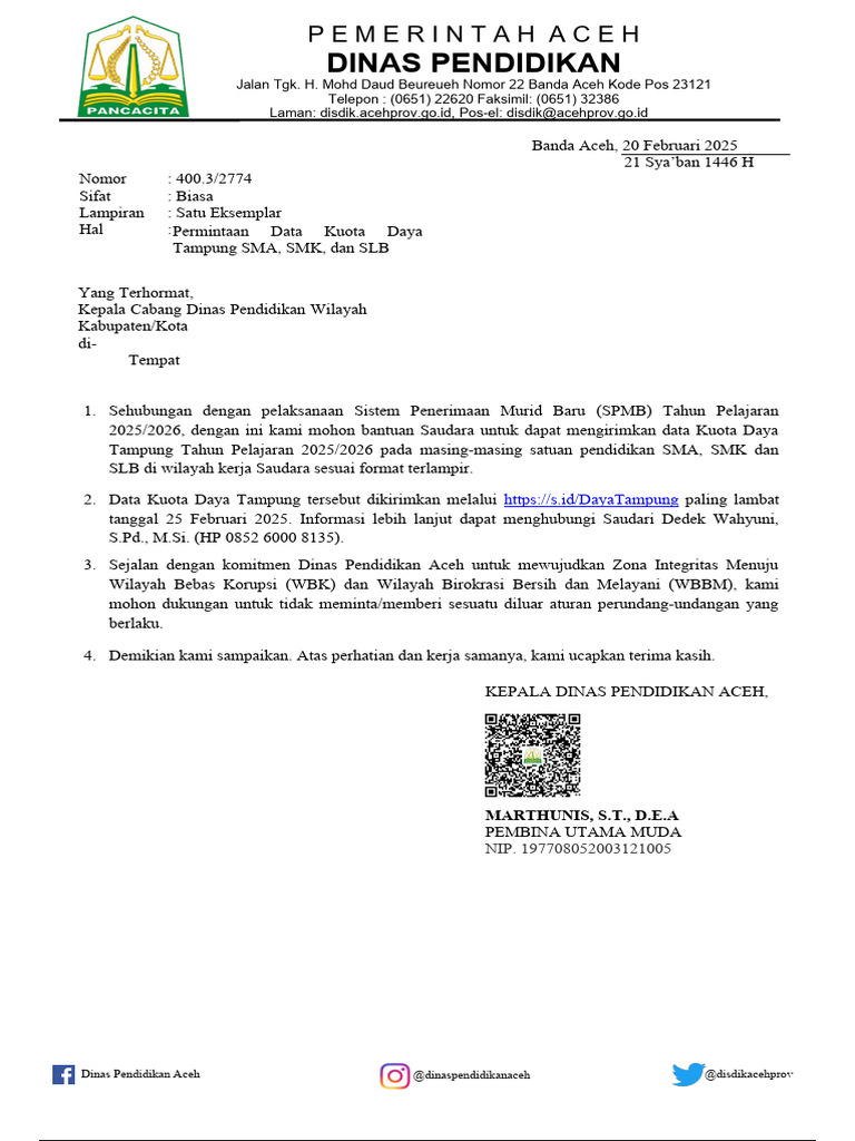 20250221040549surat Permintaan Data Kuota Daya Tampung 2025 | PDF