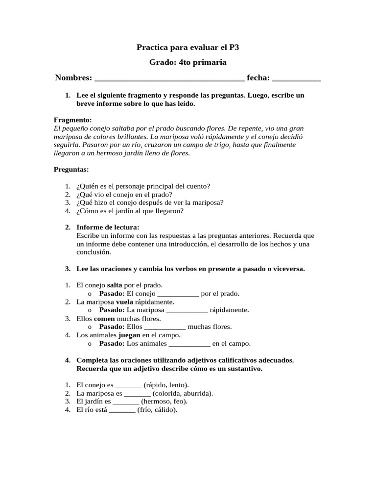 Practica Para Evaluar El P3 4to Primaria | PDF