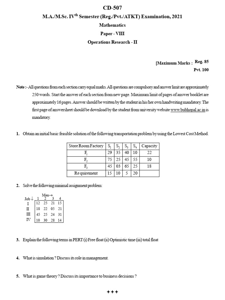 Ma MSC 4 Sem Mathematics Operations Research 2 CD 507 2021 | PDF