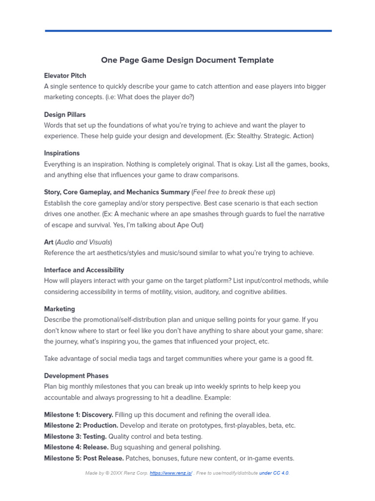One Page Game Design Document Template 1 | PDF