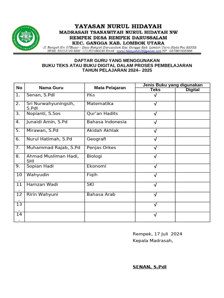 D.4. Rekapitulasi Daftar Guru Yg Menggunakan Buku Teks Digital DLM PBM | PDF