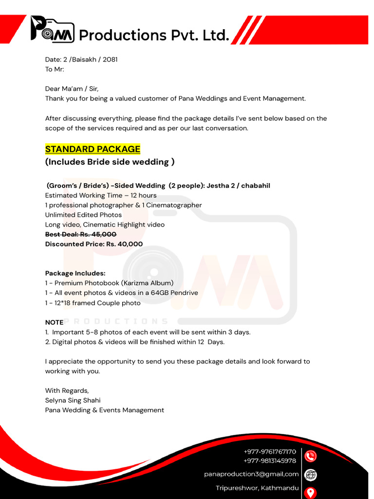 Jenisha Shrestha - Wedding Quotation | PDF