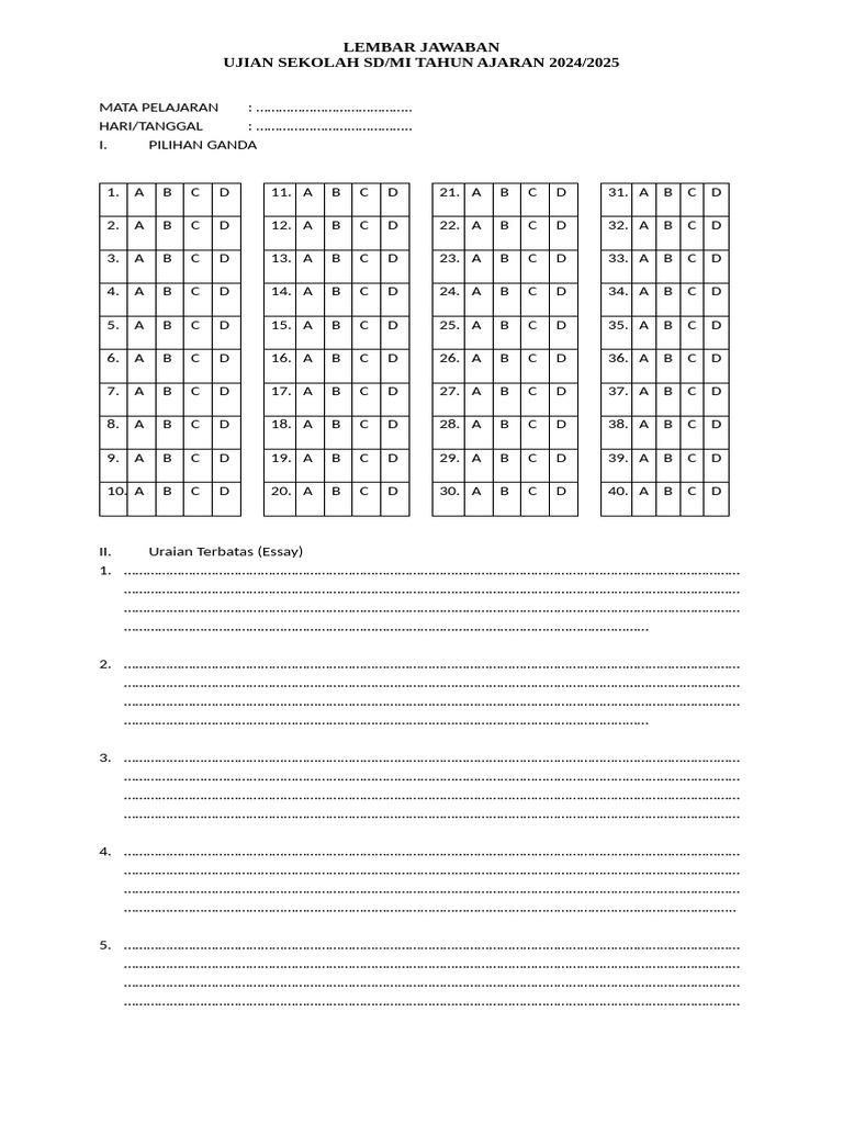 Lembar Jawaban Ujian Sekolah Sd/Mi Tahun Ajaran 2024/2025 | PDF