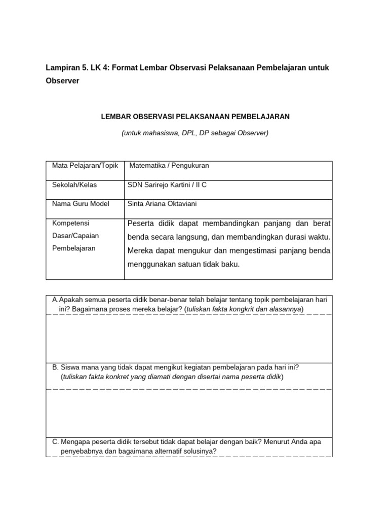 Lampiran 5. LK 4 Format Lembar Observasi Pelaksanaan Pembelajaran untuk Observer (1) | PDF