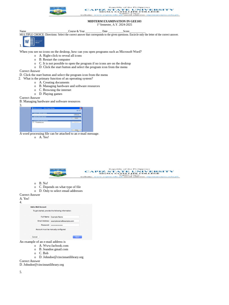 GEE103 Midterm Exam: Computer Basics | PDF | Icon (Computing) | Computing
