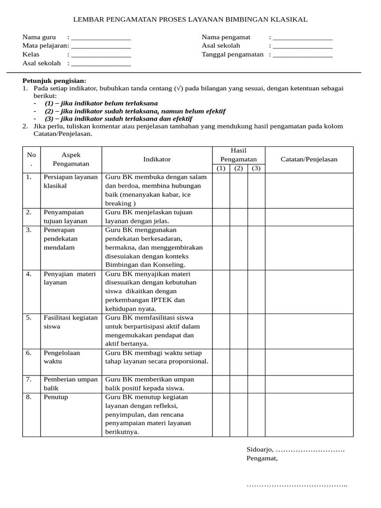LEMBAR PENGAMATAN BK_openclass | PDF