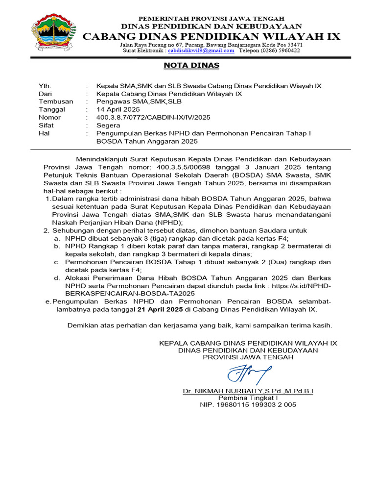 ND. Pengumpulan NPHD Dan Permohonan Pencairan BOSDA Tahap 1 2025 | PDF