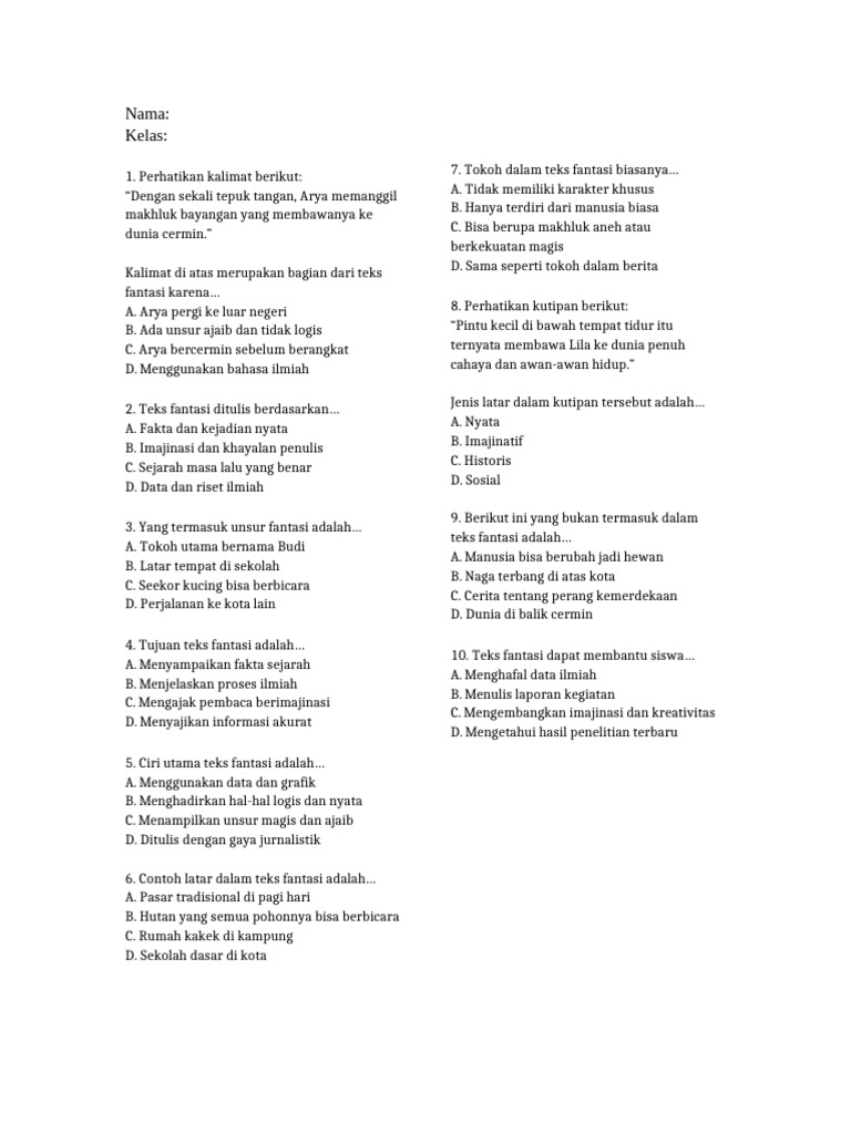 Soal Teks Fantasi Kelas 7 Bab 2 | PDF