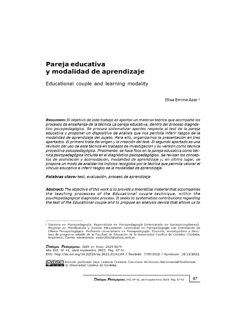 Pareja Educativa y Modalidad de Aprendizaje Elisa Emma Azar | PDF