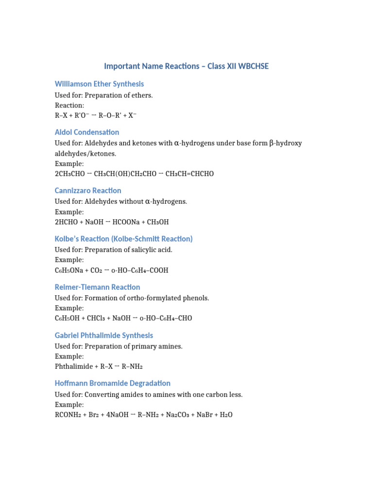 Important Name Reactions Class XII WBCHSE | PDF
