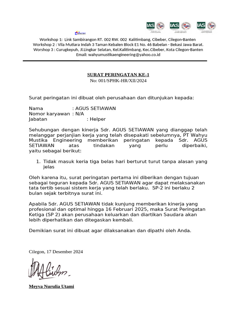 Surat Peringatan Ke 1 Karyawan | PDF