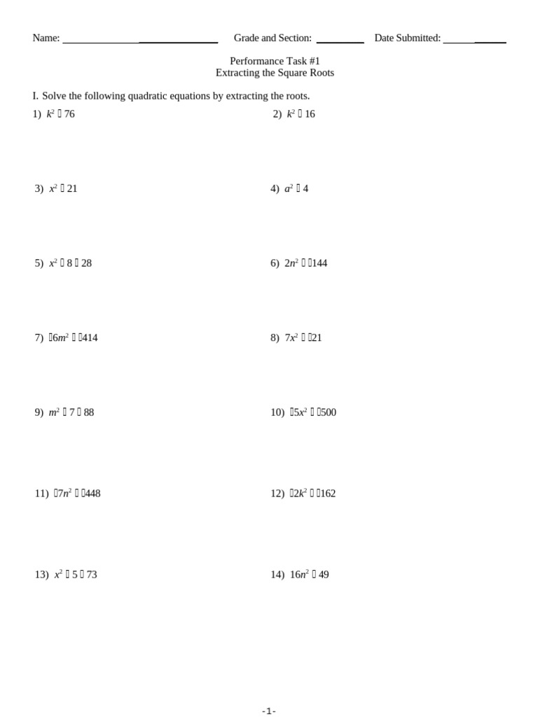 Quadratic Equations Square Roots Task | PDF