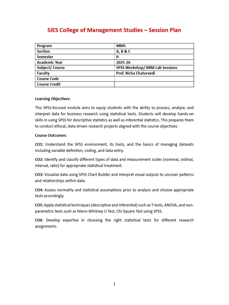 SPSS Workshop BRM Hands-On Session Plan@Prof. Richa Chaturvedi | PDF ...