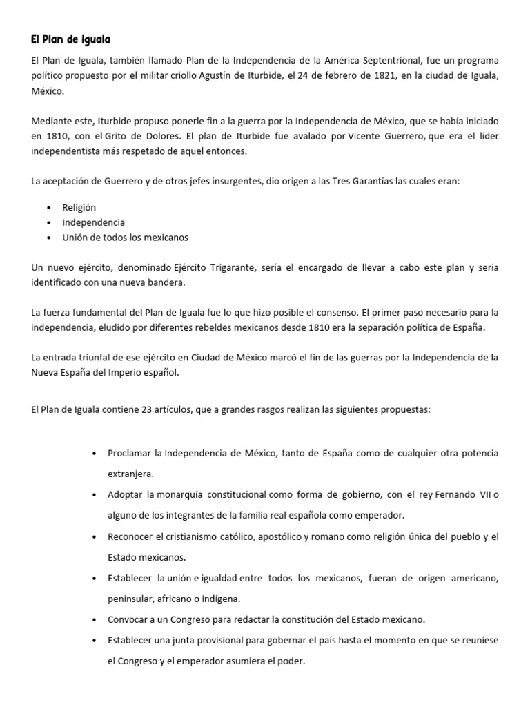Plan de Iguala y Los Tratados de Cordóba | PDF
