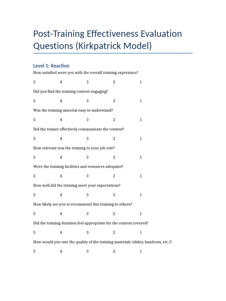 Kirkpatrick Model Evaluation Questions Updated | PDF | Social ...