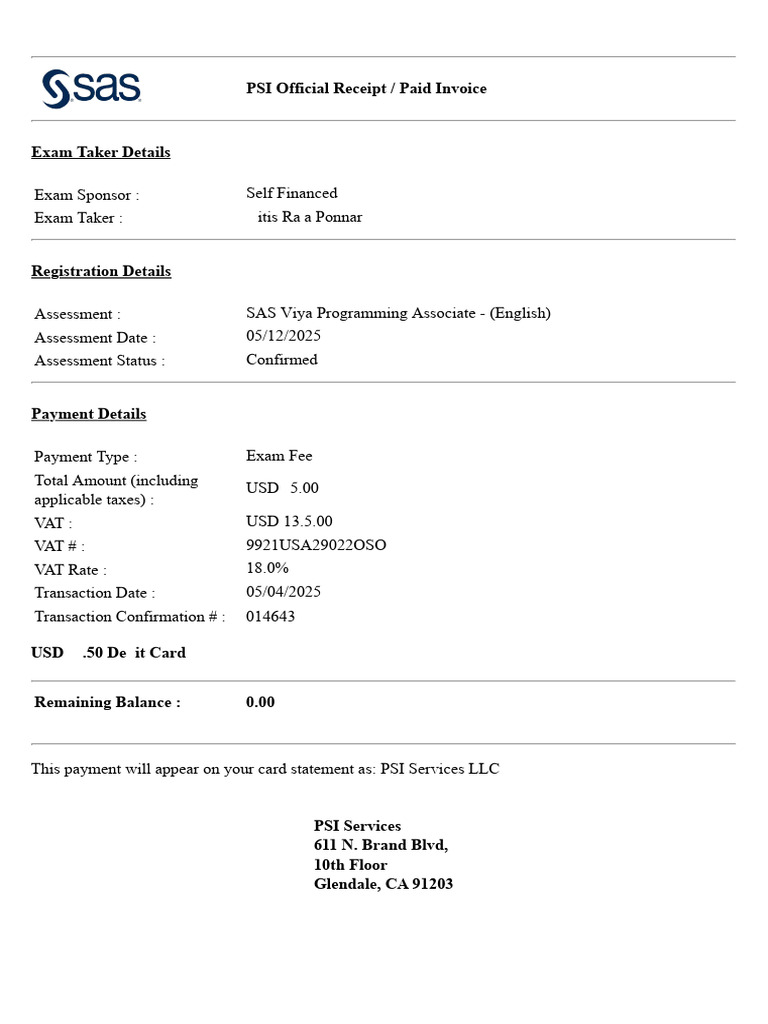 Sas Exam Receipt | PDF