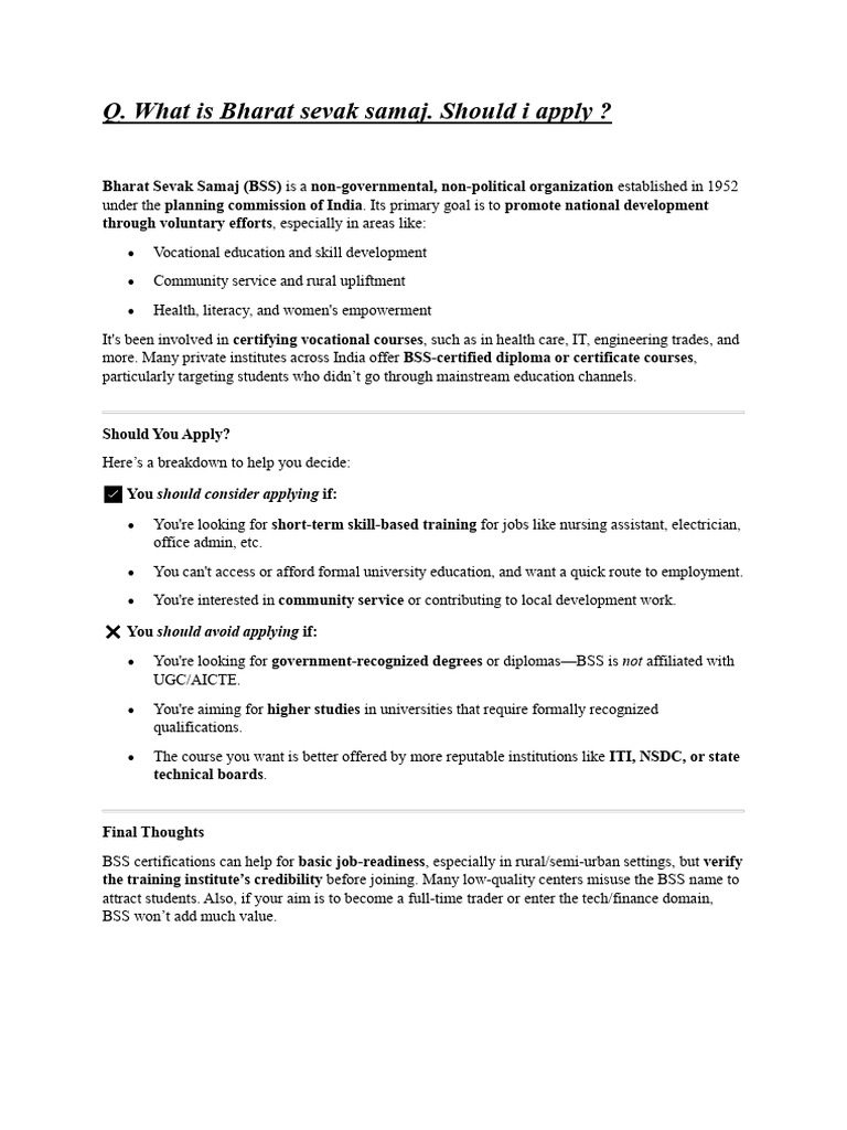 Q. What Is Bharat Sevak Samaj. Should I Apply ? | PDF