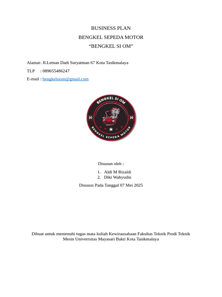 BUSINESS PLAN BENGKEL SI OM ALDI M DAN DIKI W TUGAS KEWIRAUSAHAAN | PDF