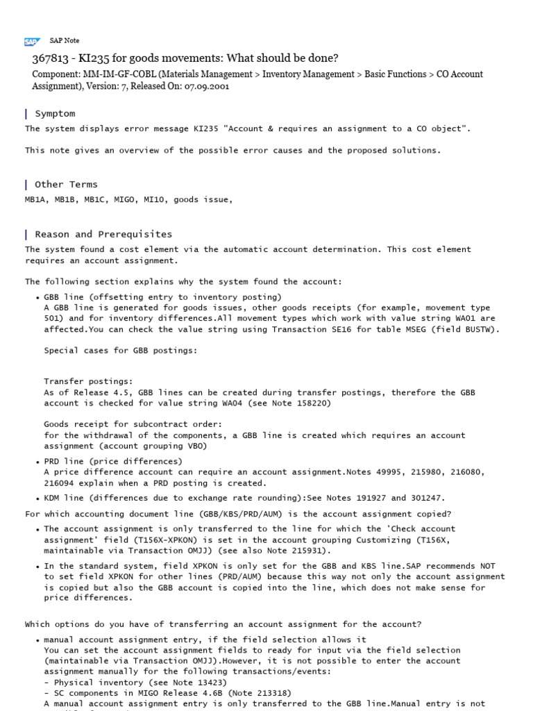 Resolving SAP Error KI235 for Goods Movements | PDF | Inventory | Receipt