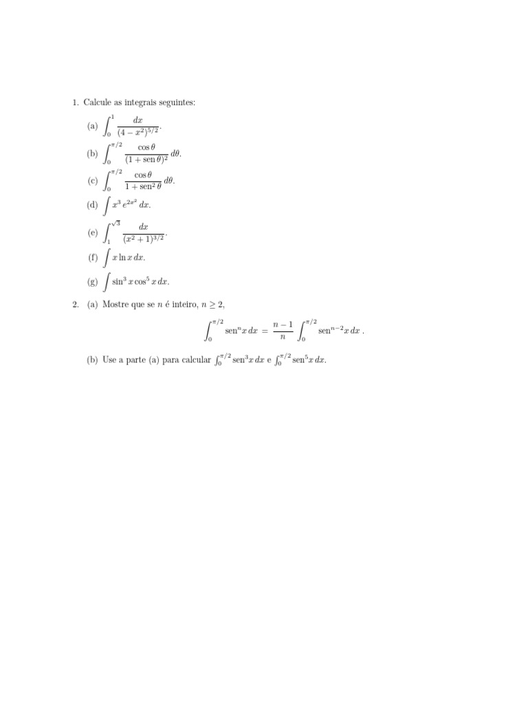 Lista de Exercicios Sobre Integrais | PDF