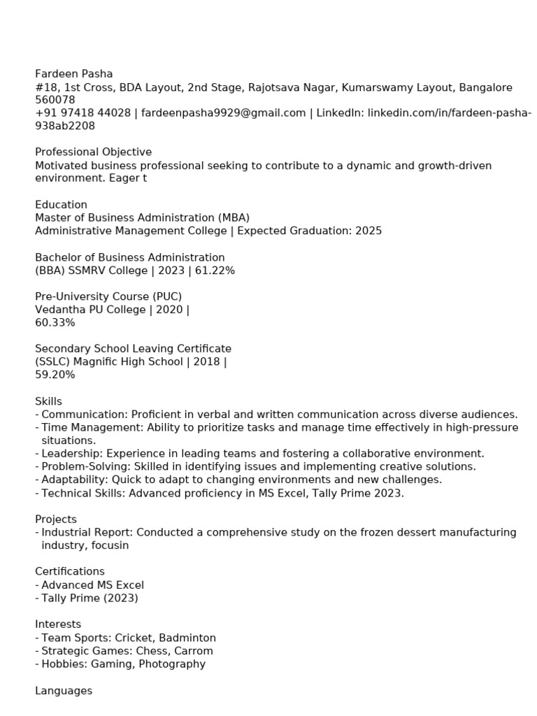 Updated Fardeen Pasha Resume | PDF | Cognition | Learning