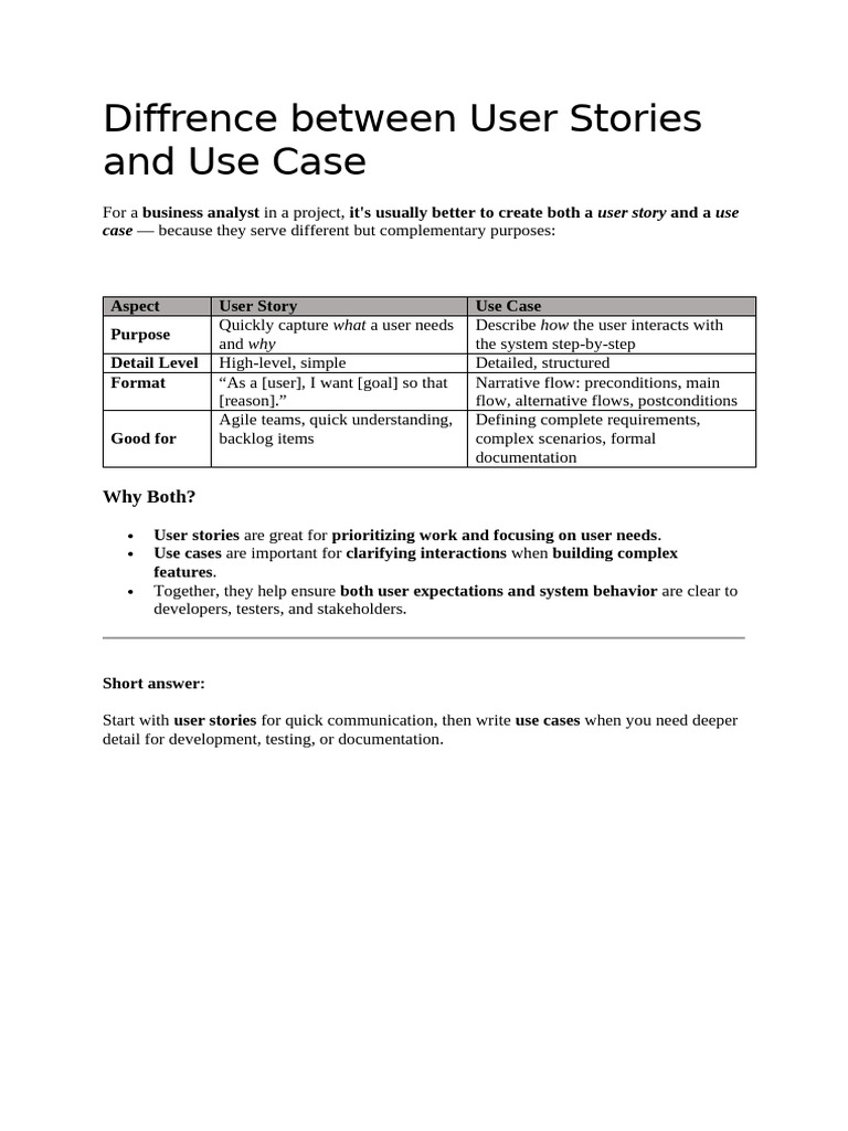 Diffrence Between User Stories and Use Case | PDF | Use Case | Agile ...