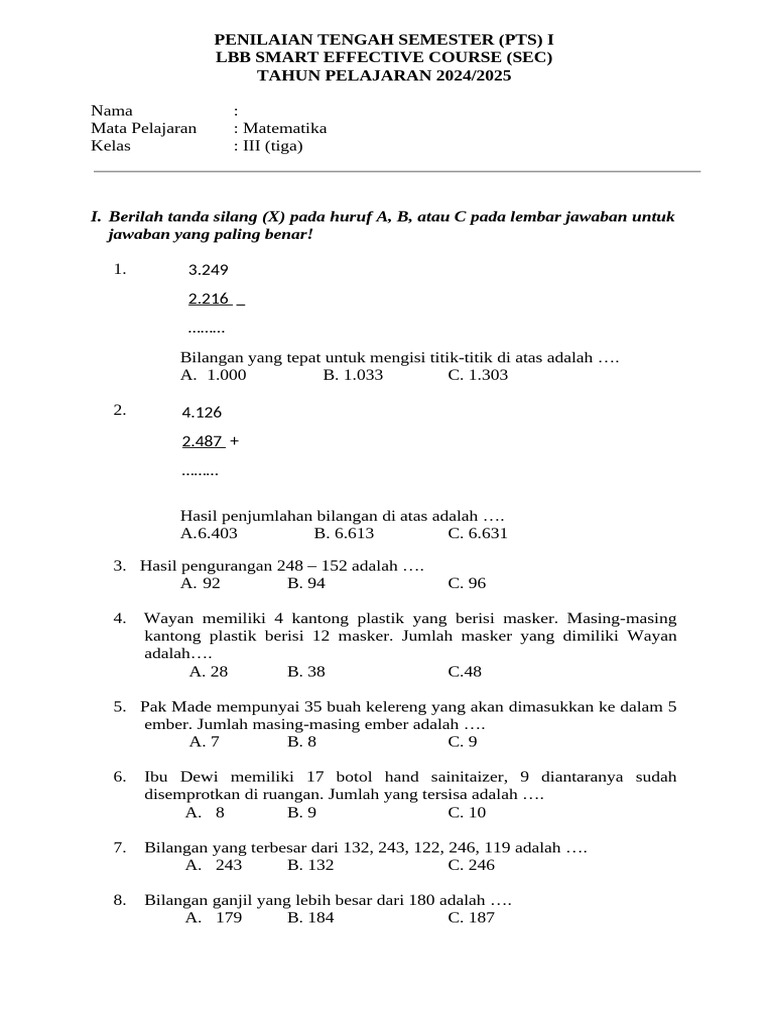 Soal Pts MTK Kelas 3 | PDF