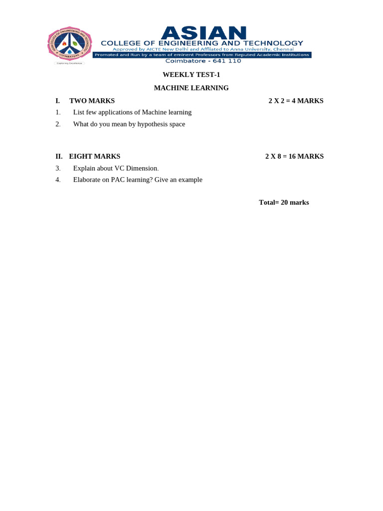 ML Weekly Test 1 Question Paper | PDF