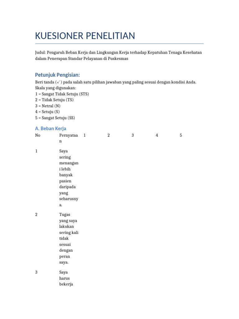 Kuesioner Penelitian Beban Lingkungan Kepatuhan | PDF