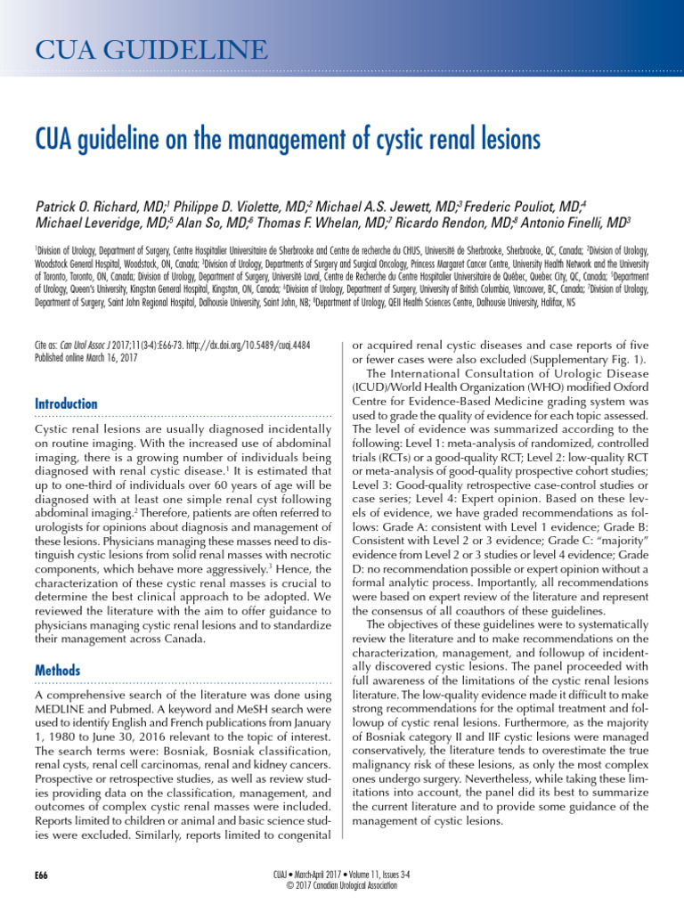 Cua Guideline On The Management of Cystic Renal Lesions | PDF | Medical ...
