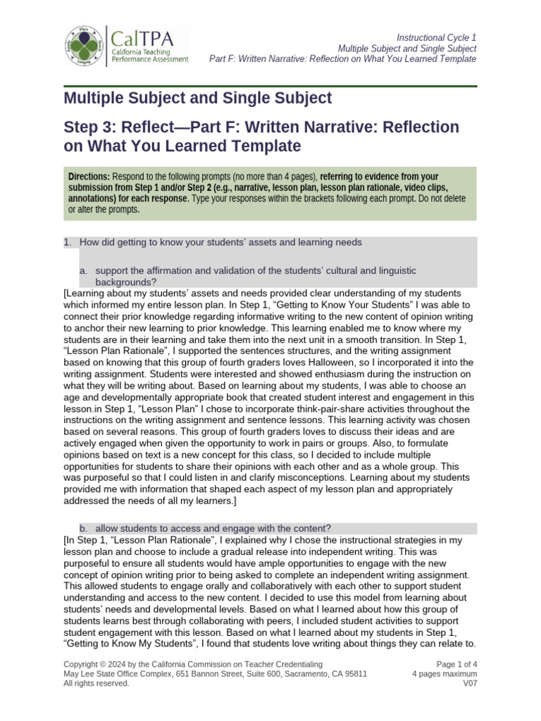 CalTPA C1 S3 F ReflectionOnWhatYouLearned | PDF | Lesson Plan | Learning