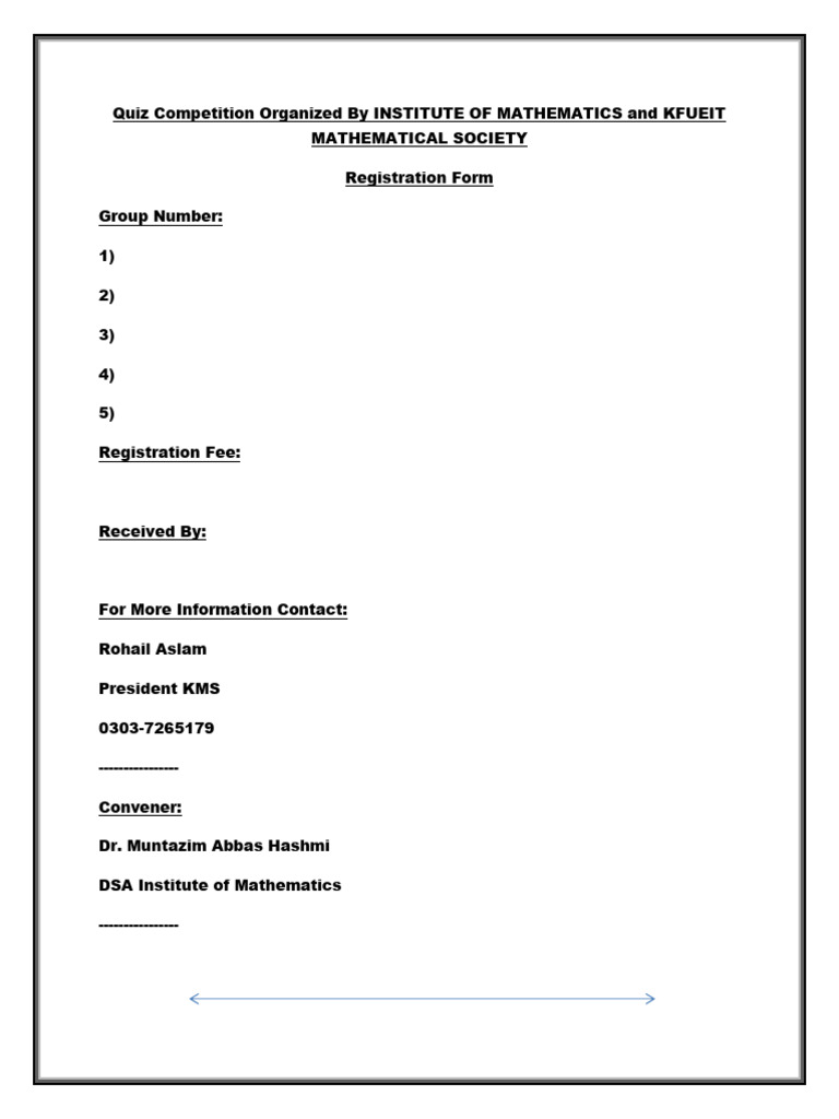 Registeration Form Quiz Competition 2025 Institute of Mathematics | PDF