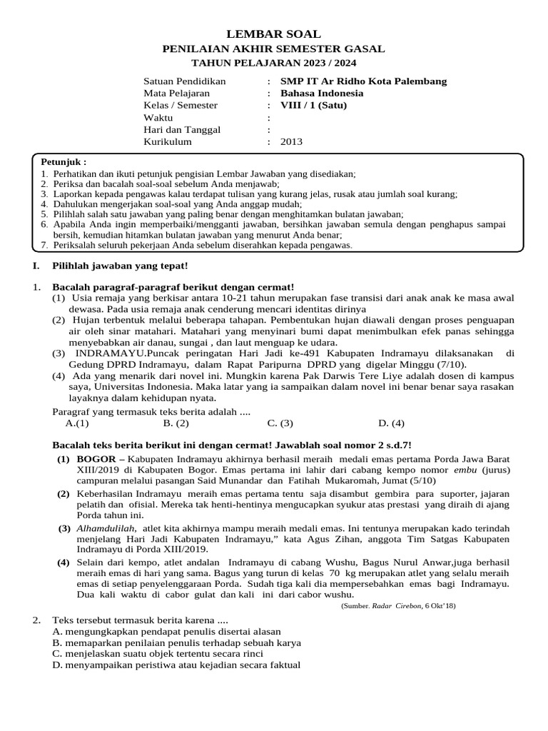 Soal Pas Bindo Kelas 8 | PDF