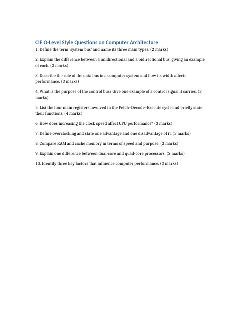 CIE O Level Computer Architecture Questions | PDF