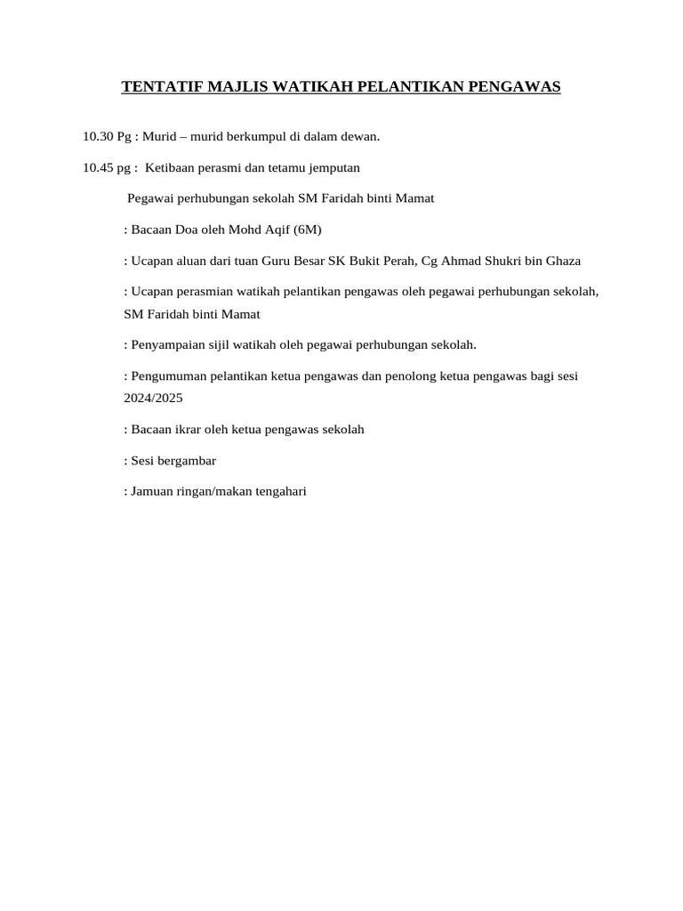 Tentatif Majlis Watikah Pelantikan Pengawas | PDF