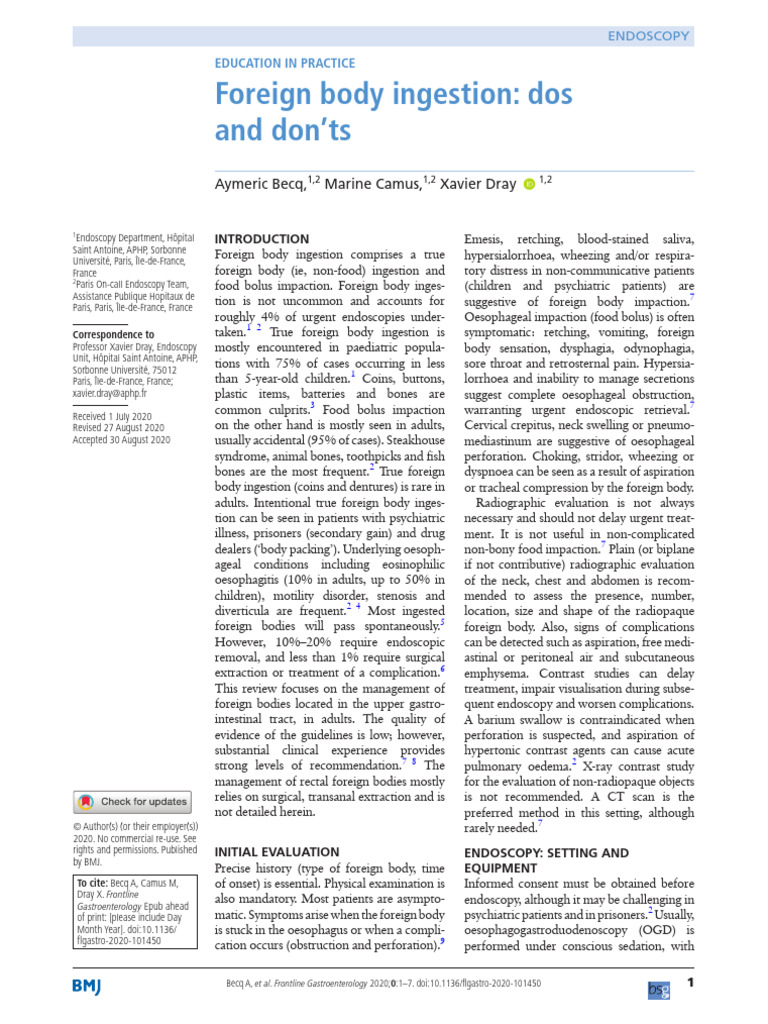 Foreign Body Ingestion Dos and Don'ts | PDF | Endoscopy | Esophagus