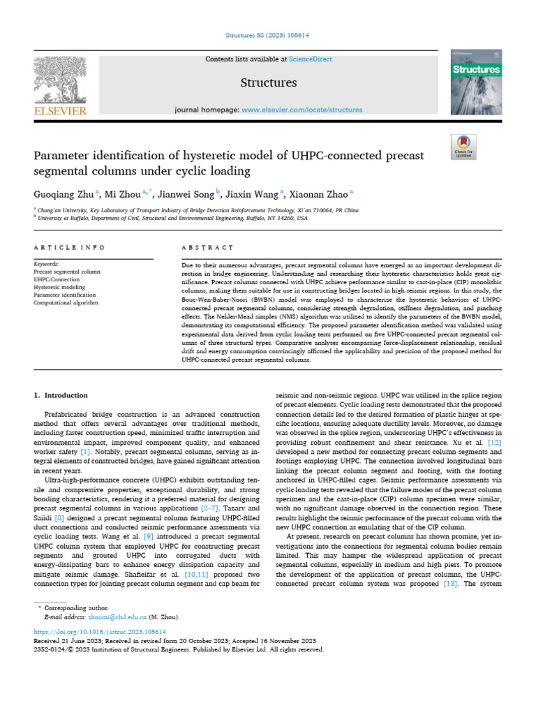 Parameter identification of hysteretic model of UHPC-connected precast segmental columns under ...