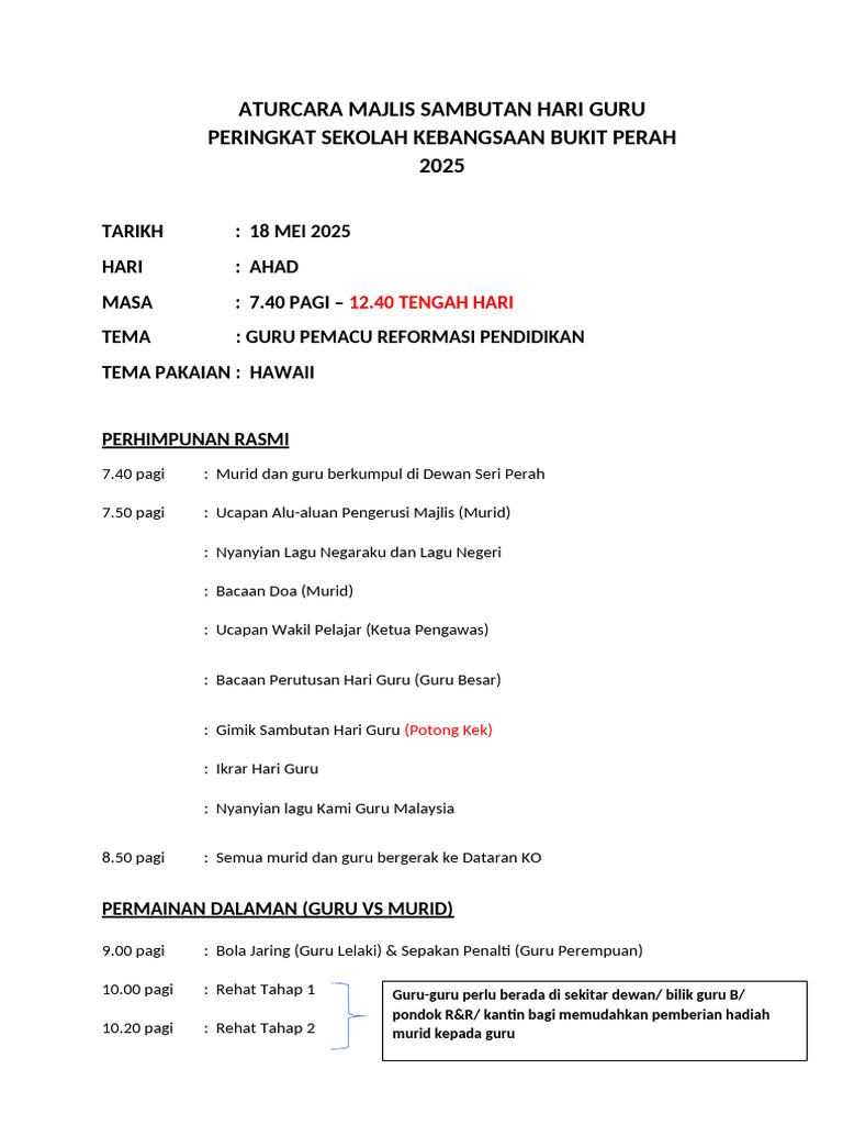 Aturcara Majlis Sambutan Hari Guru 2025 | PDF