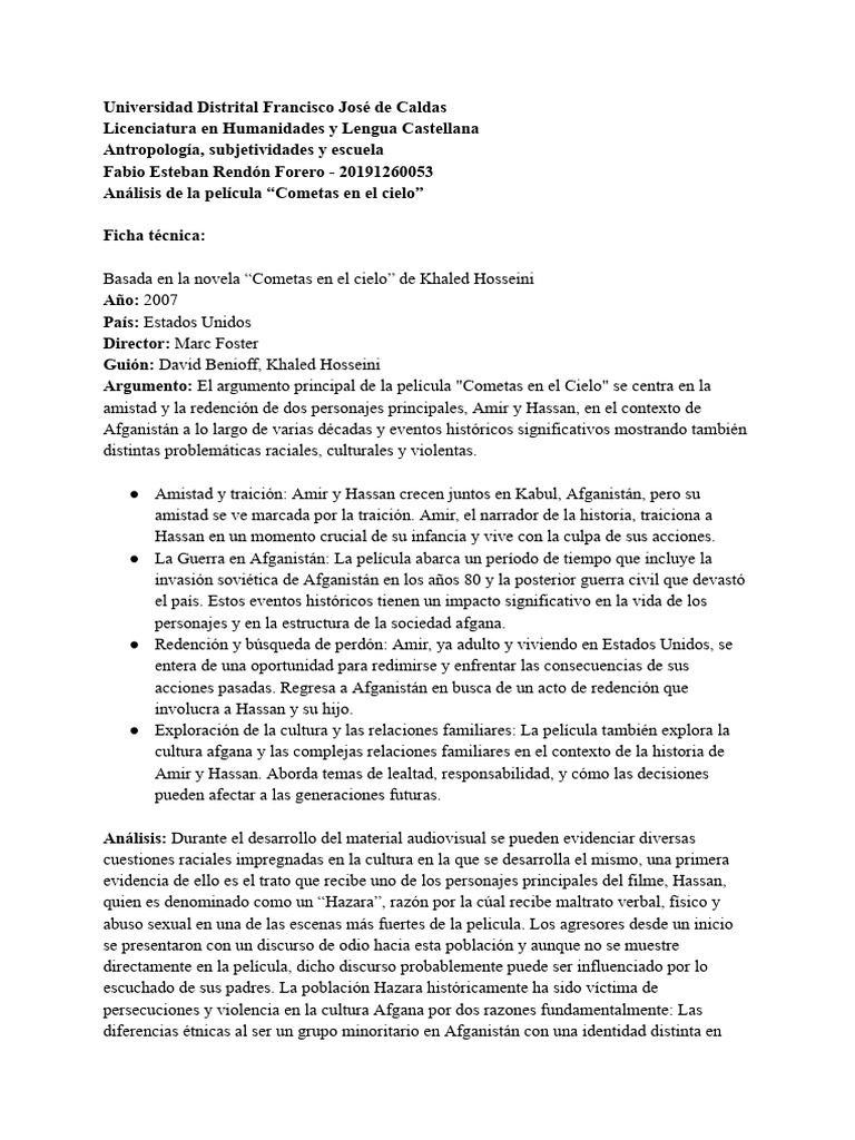 Análisis De Cometas En El Cielo Pdf Afganistán Hazaras