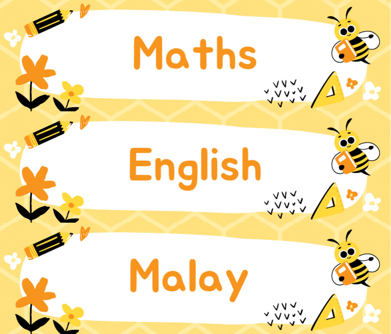 Maths Classroom Name Tag in Yellow Gold White Bees Theme Style | PDF