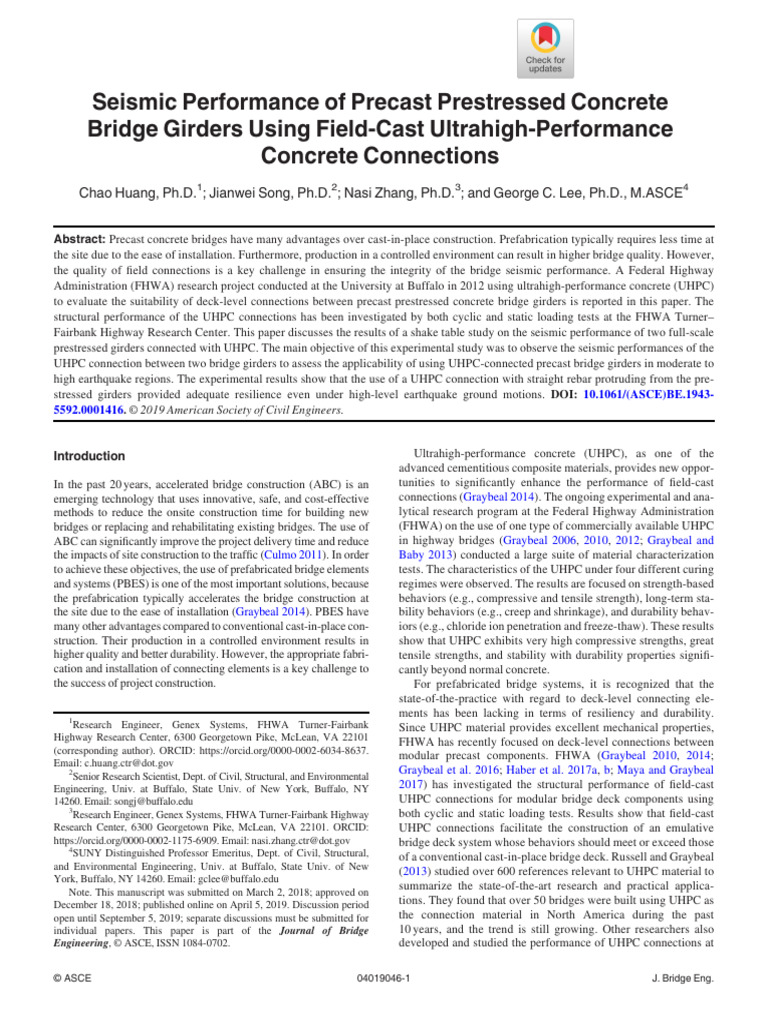 Seismic Performance of Precast Prestressed Concrete Bridge Girders Using Field-Cast Ultrahigh ...