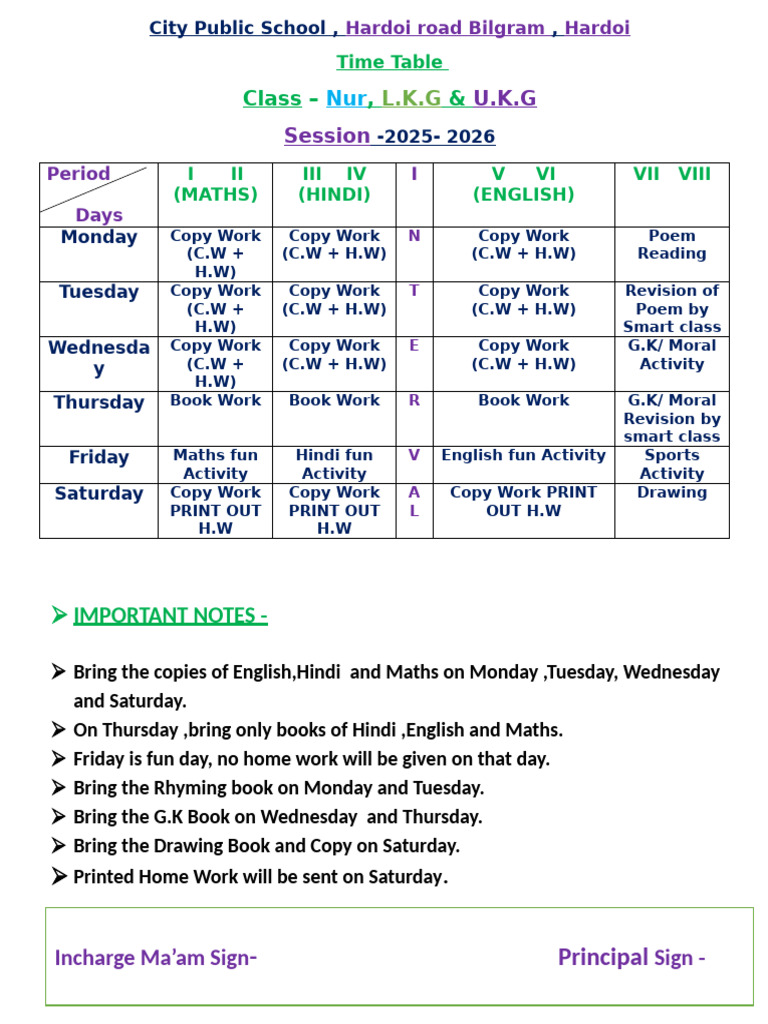 Nursery, LKG & Ukg Diary Time Table | PDF