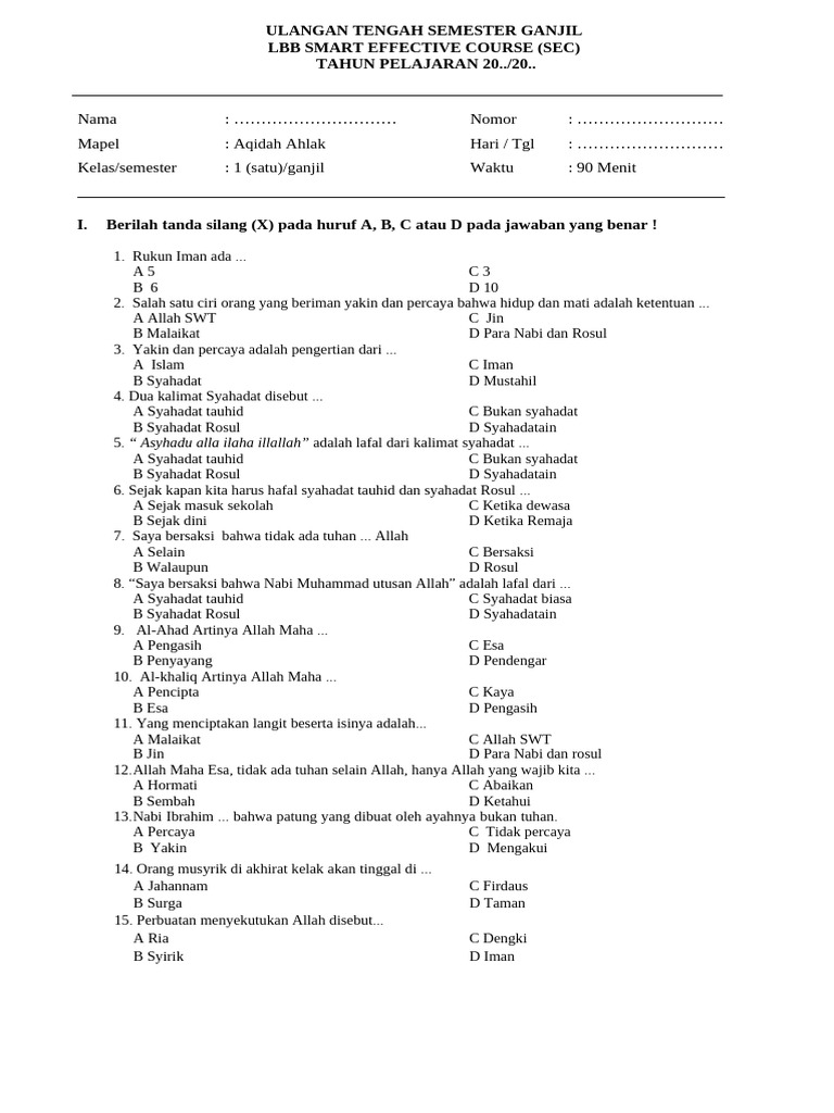Soal PTS Akidah Akhlak Kelas I | PDF