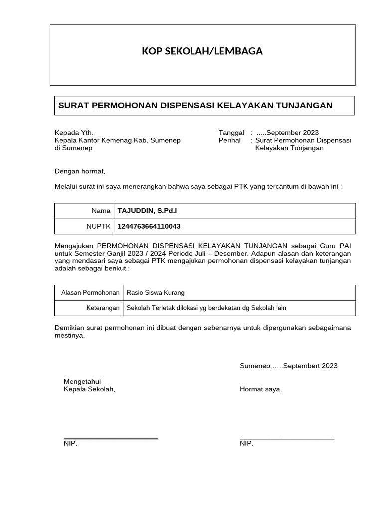 CONTOH FORMAT PERMOHONAN DISPENSASI GPAI TAHUN 2023 | PDF