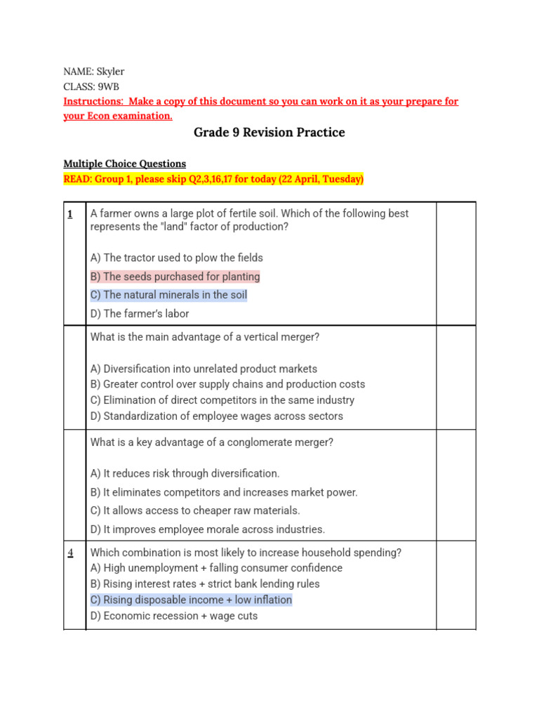 Revision Practice For EOY Assessment-3 | PDF | Cost Of Living | Subsidy