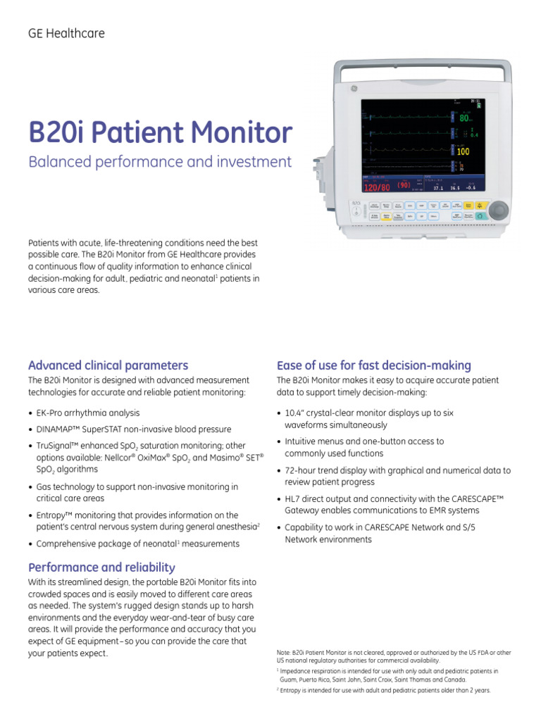 B20i Monitor v2 Spec Sheet ENG | PDF | Monitoring (Medicine) | Blood ...