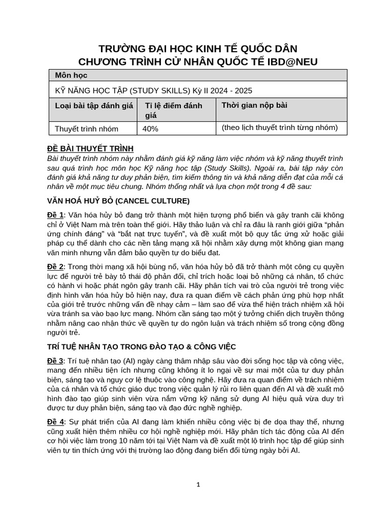 Đề Bài Thuyết Trình Nhóm KNM - MX2425 | PDF