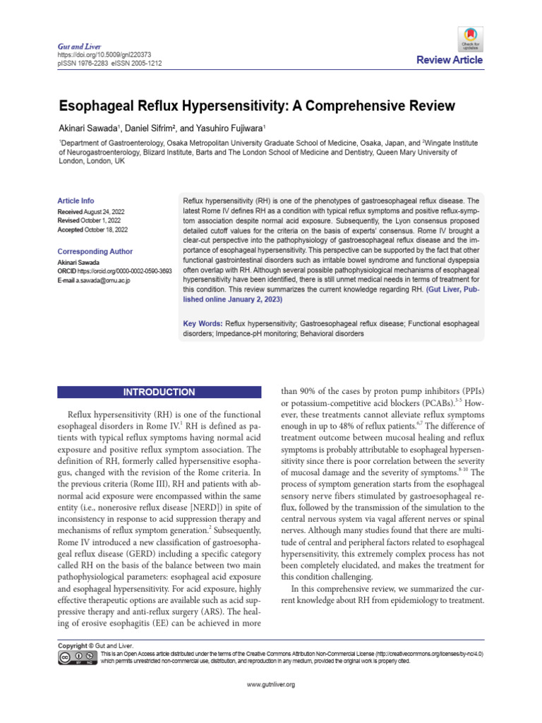 Esophageal Reflux Hypersensitivity A Comprehensive Review | PDF | Gastroesophageal Reflux ...