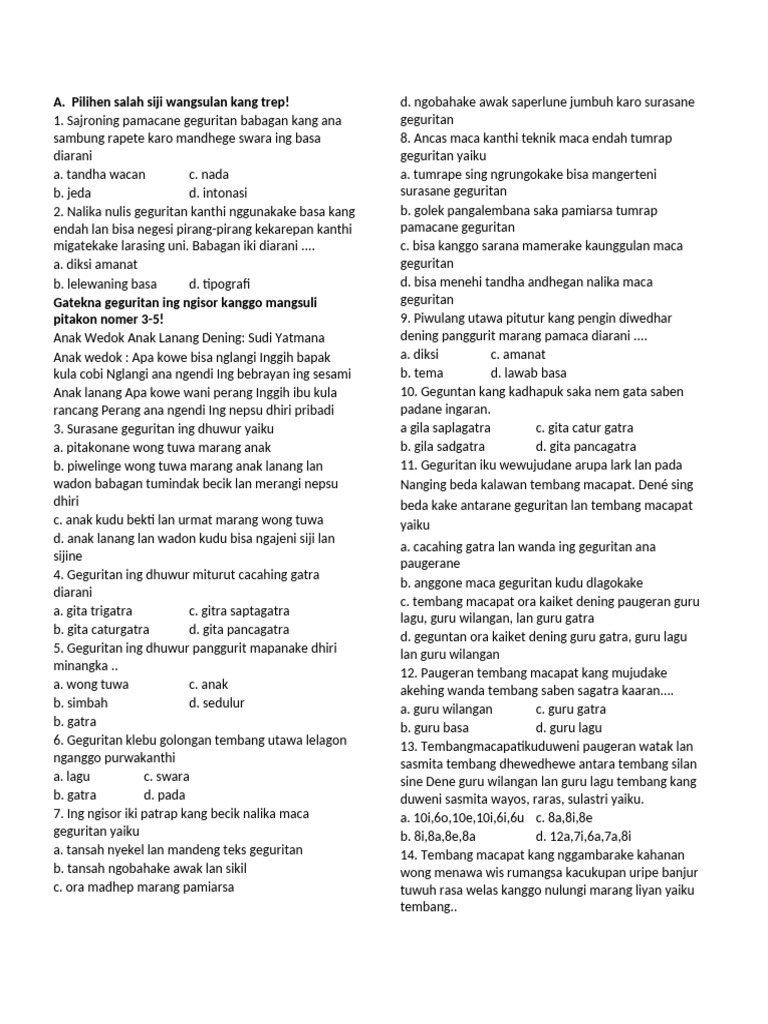 Soal Bhs Jawa Kls 1 | PDF